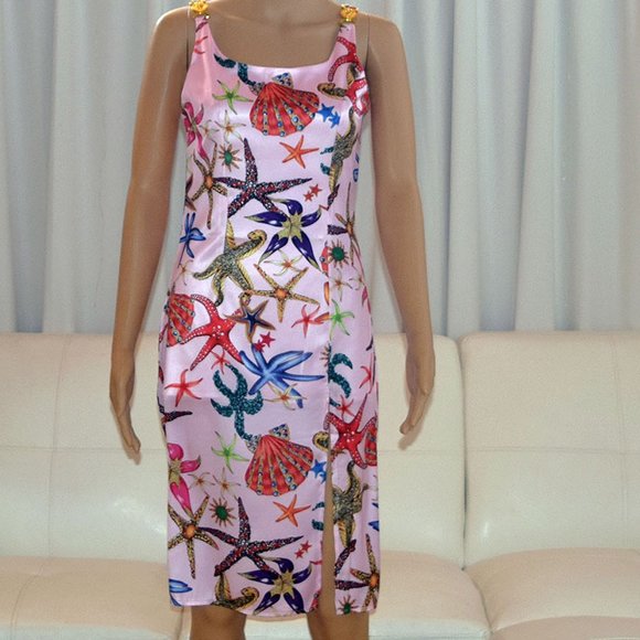 Dresses | Nwot Designer Pink Satin Starfish Print Slit Dress | Poshmark